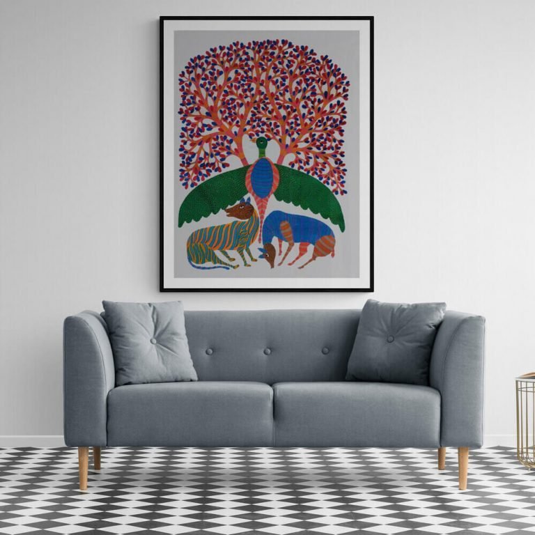 Green Parrot and Wild Animals - Gond Painting & Artwork - Tribal Art India