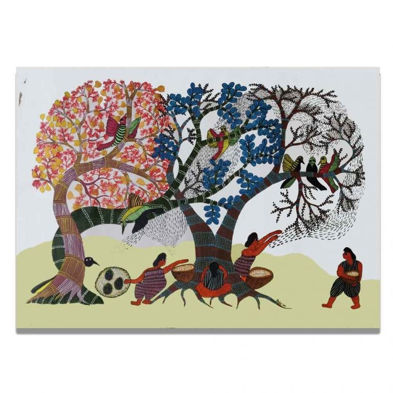 Woman Collecting Mahua in Forest - Gond Painting & Artwork